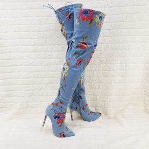 chic | Shoes | Stretch Floral Print Denim Draw String Top High Heel ...
